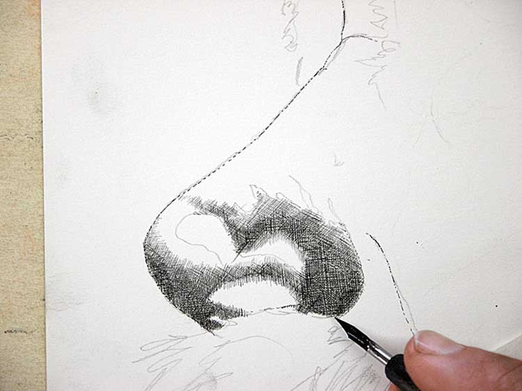 Through the eyes of John Baselmans: How to draw nose in pen and ink 1